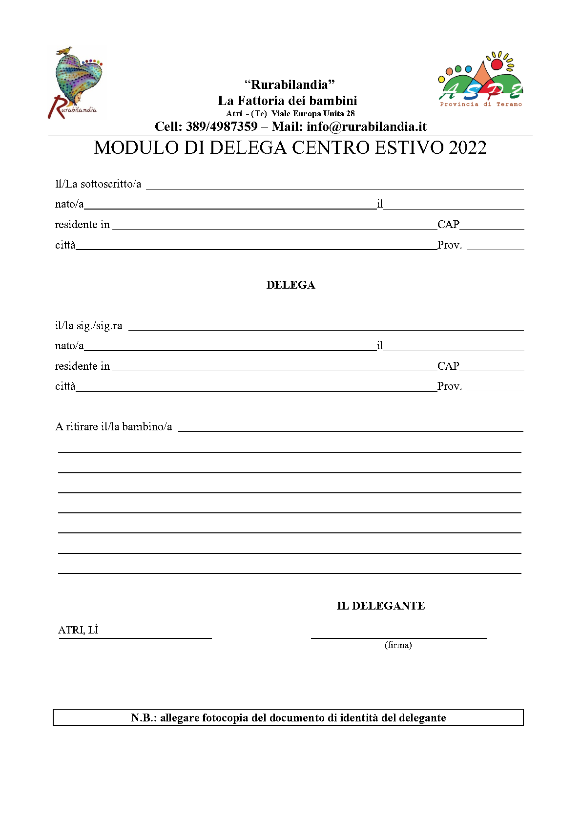 Modulo di delega al ritiro dal Centro Estivo del bambino/a – Rurabilandia